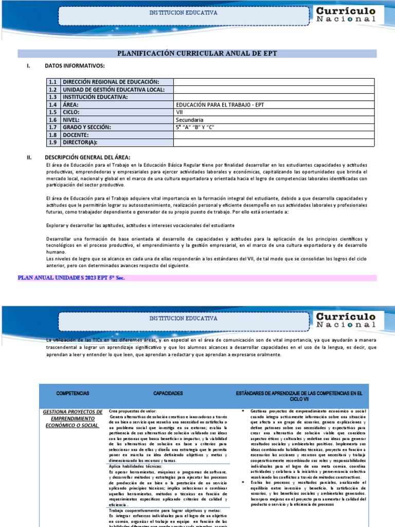 Plan Anual Ept 5° Sec 2023 | PDF | Iniciativa empresarial | Sustentabilidad