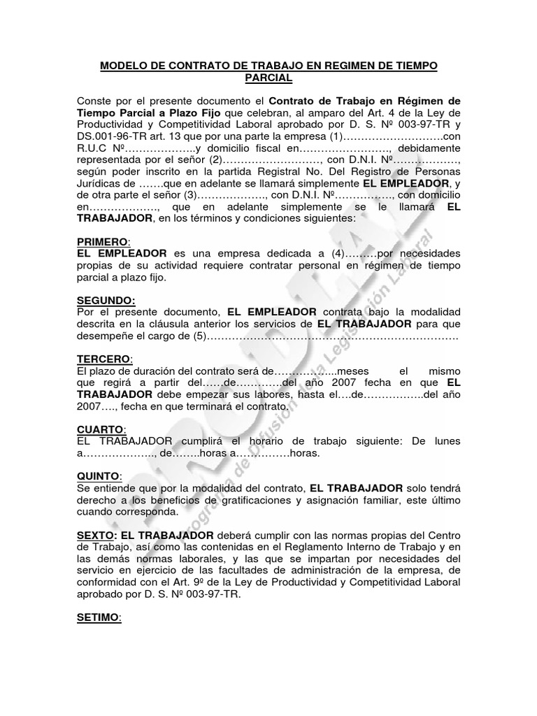 Modelo de Contrato A Tiempo Parcial | Descargar gratis PDF | Derecho laboral | Economias