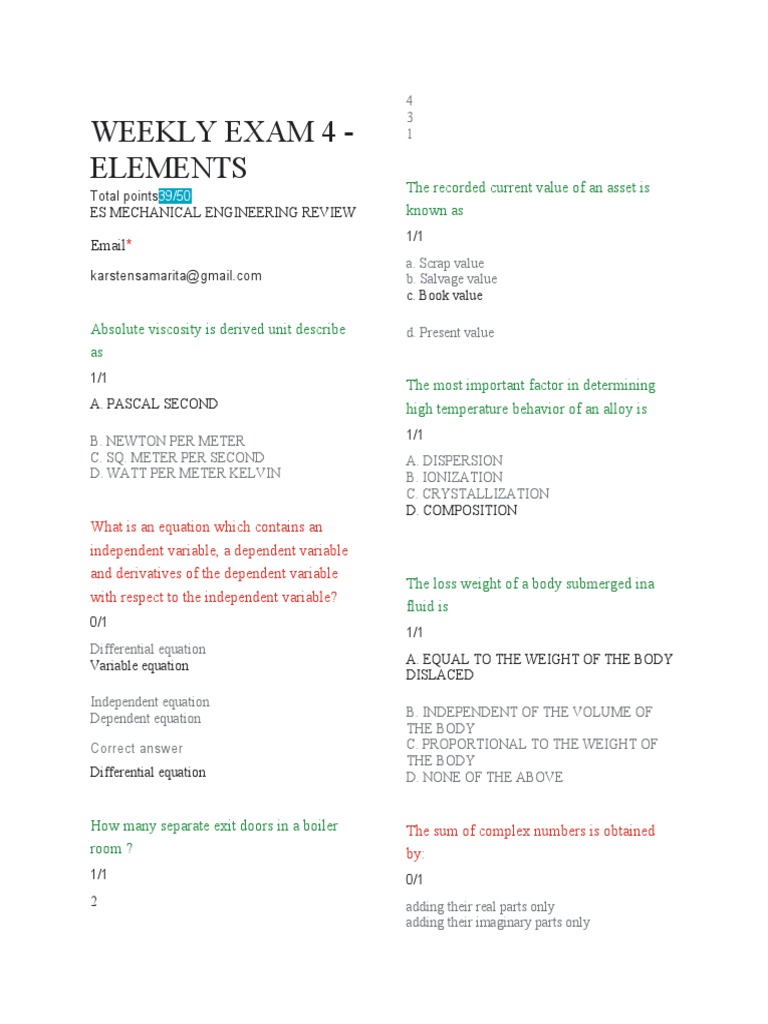 Weekly Exam 4 Elements | PDF | Liquefied Petroleum Gas | Differential Equations