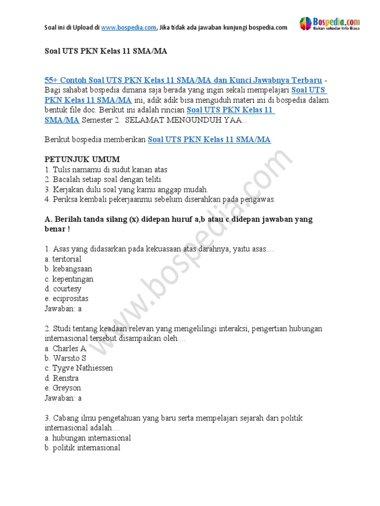 55+ Contoh Soal UTS PKN Kelas 11 SMA MA Dan Kunci Jawabnya | PDF
