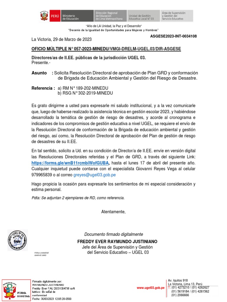 30-03-23 Oficio Multiple 57-2023-Minedu-Ugel03-Dir-Asgese (1) Brigadas | PDF | Reducción de ...