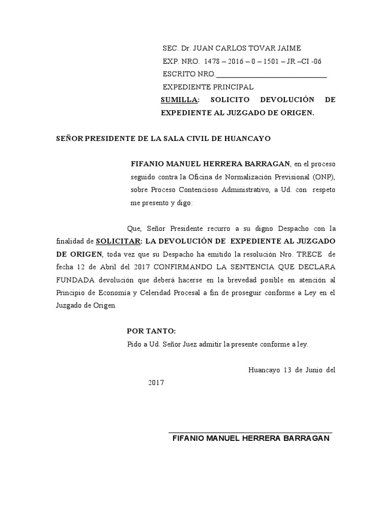 Solicitud de devolución de expediente al juzgado de origen luego de confirmación de sentencia | PDF