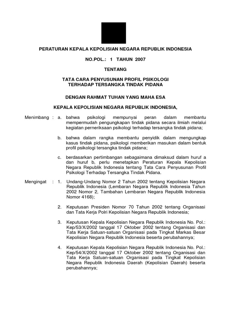 Perkap No 1 TH 2007 TTG Tata Cara Penyusunan Profile Psikologi Terhadap TSK Tindak Pidana | PDF