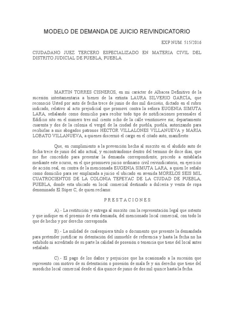 Modelo de Demanda de Juicio Reivindicatorio | PDF | Demanda judicial | Judicaturas