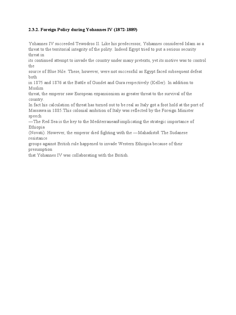 2.3.2. Foreign Policy During Yohannes IV (1872-1889) | PDF