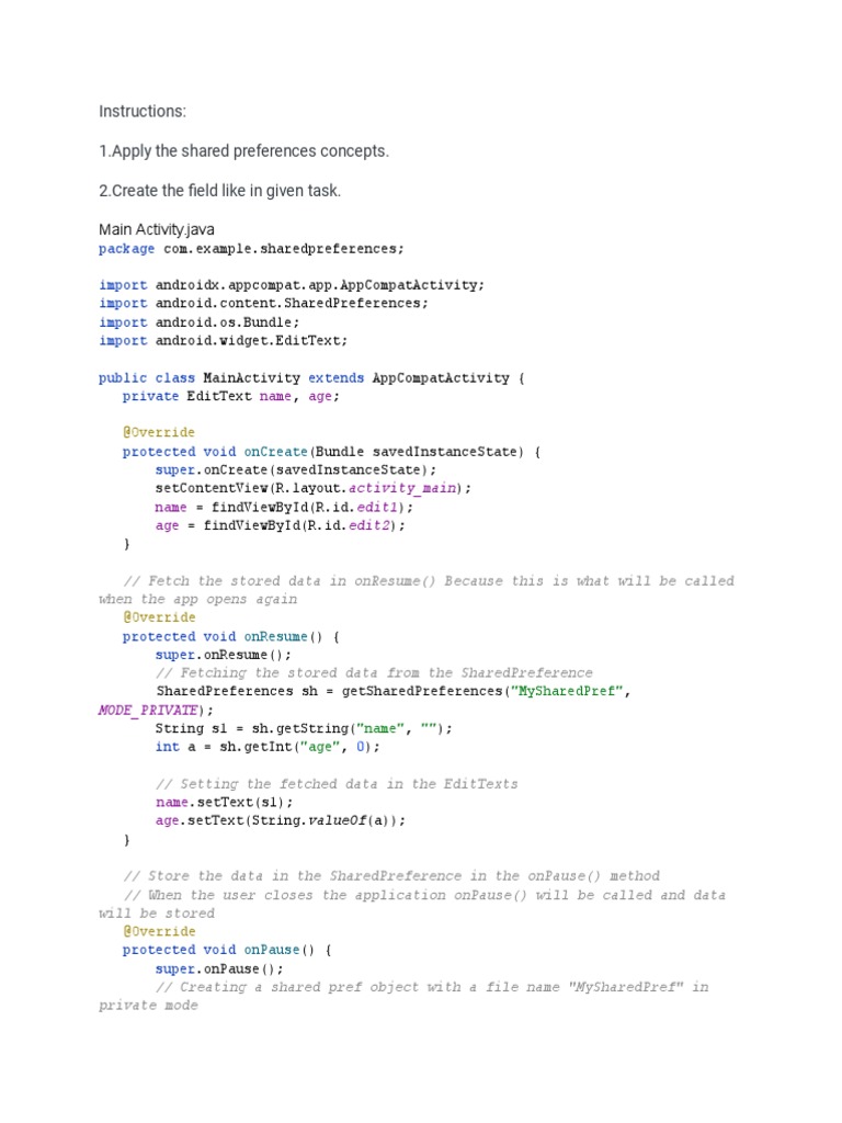 Instructions: 1.apply The Shared Preferences Concepts. 2.create The Field Like in Given Task ...