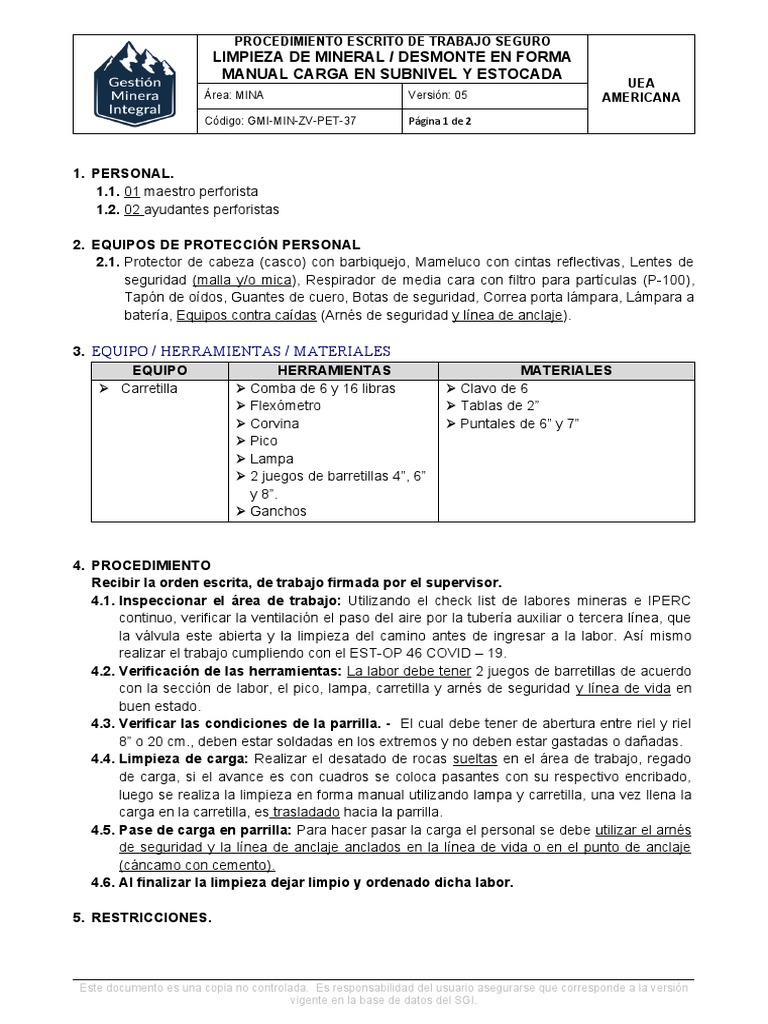 Limpieza de Mineral / Desmonte en Forma Manual Carga en Subnivel Y ...