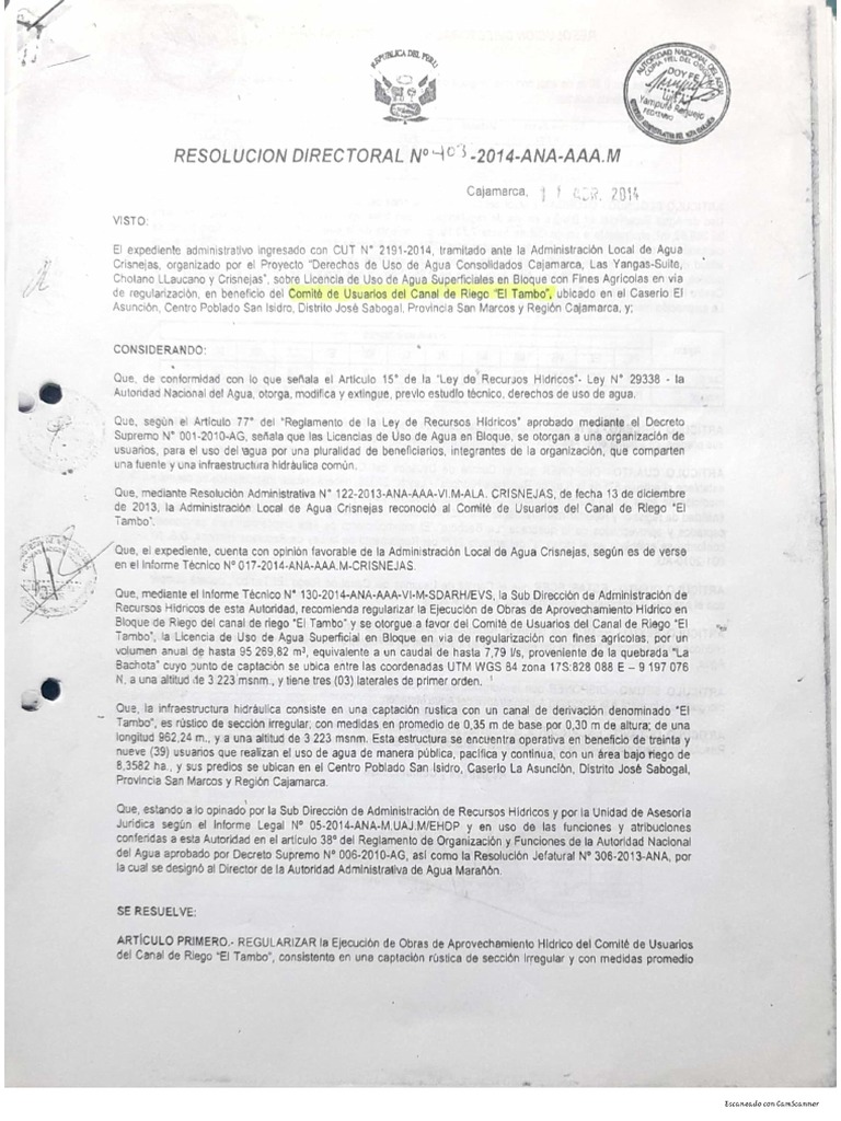 01 Comite de Usuarios Del Canal de Riego El Tambo | PDF