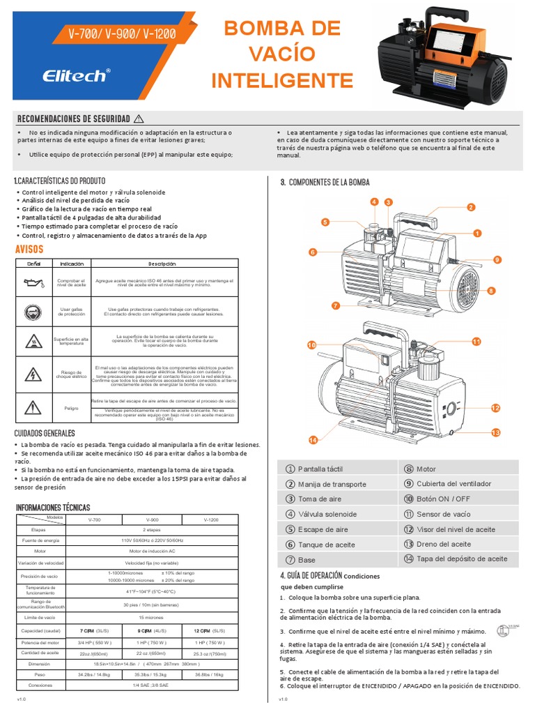 Manual V 700 V 900 V 1200 ESP 1 | PDF | Bomba | Vacío