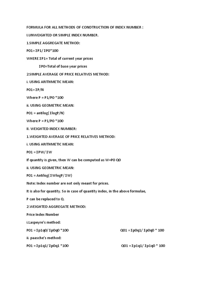 Formula For All Methods Of Condtruction Of Index Number Pdf 
