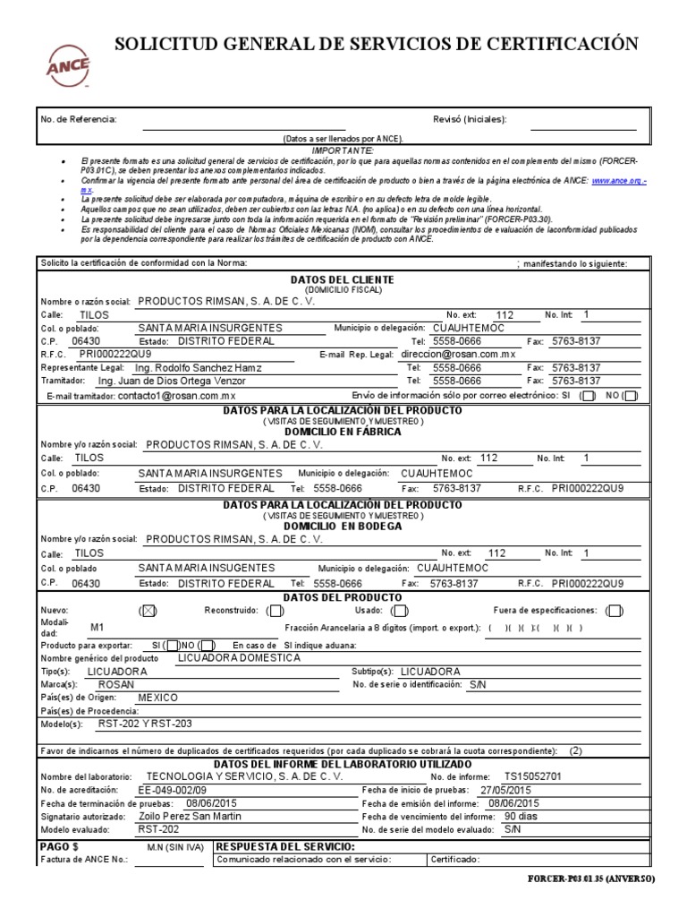 Solicitu General 35 ANCE RST-202 2015 | PDF