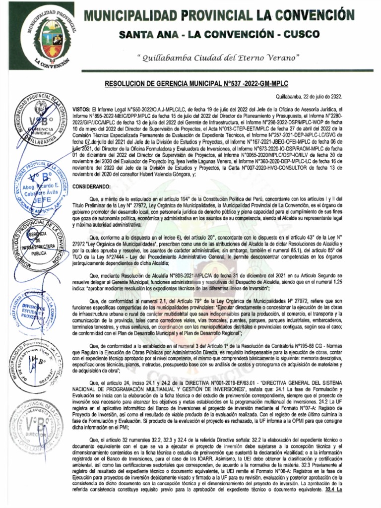 Res. Aprobacion Exp Tecn-Rgm-537-2022-Gm-Mplc | PDF | Presupuesto | Alcalde