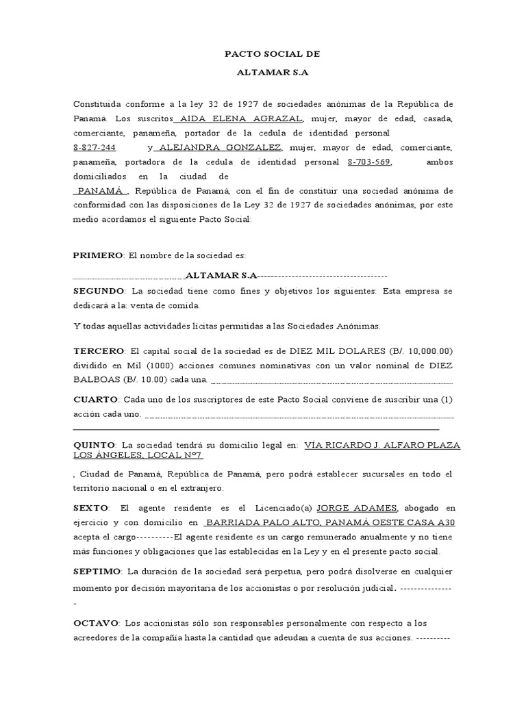 Pacto Social de Altamar S.A. en Panamá | PDF | Finanzas y dinero