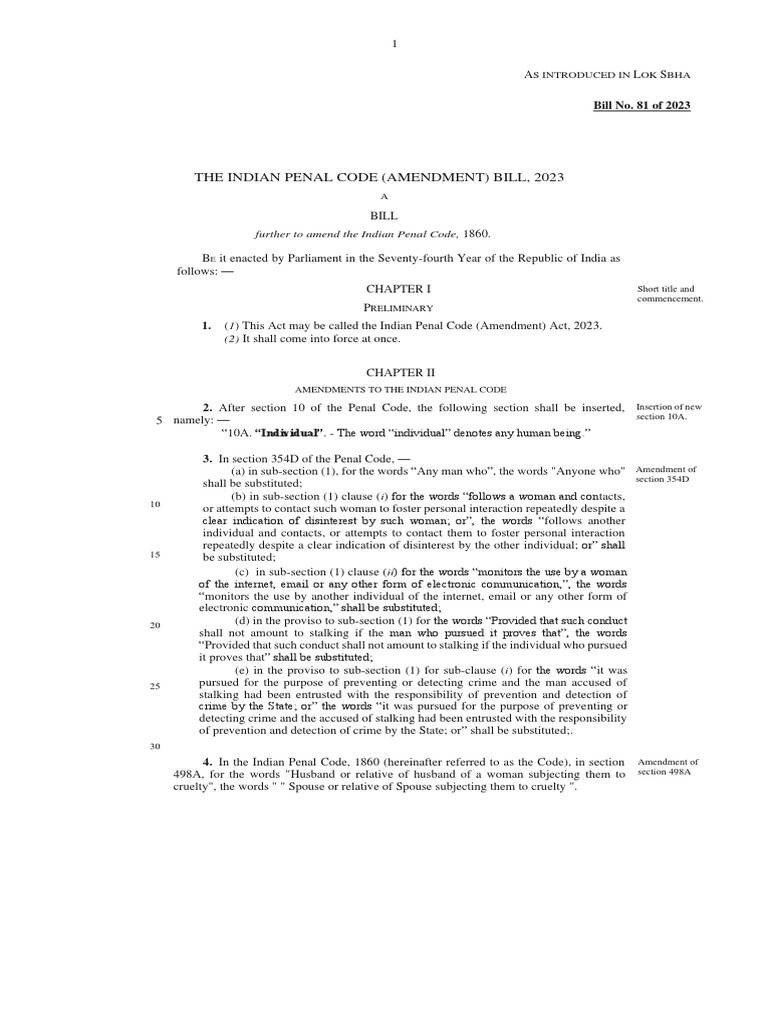 The Indian Penal Code (Amendment) Bill, 2023 | PDF | Stalking | Human Rights