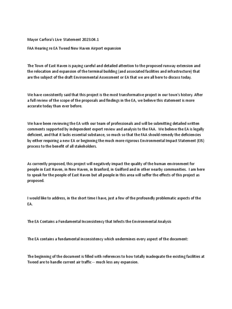 Mayor Carfora FAA Hearing Statement April 1, 2023 | PDF | Environmental ...