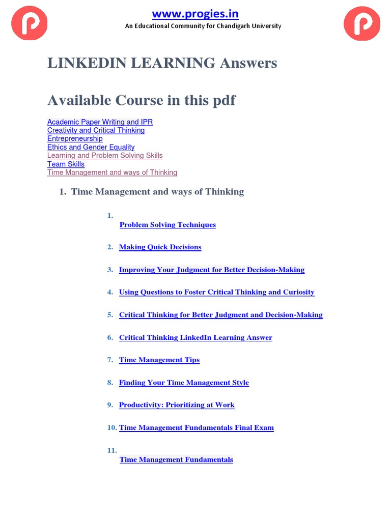 Linkedin Learning Answers Available Course in This PDF: 1. Time Management and Ways of Thinking ...