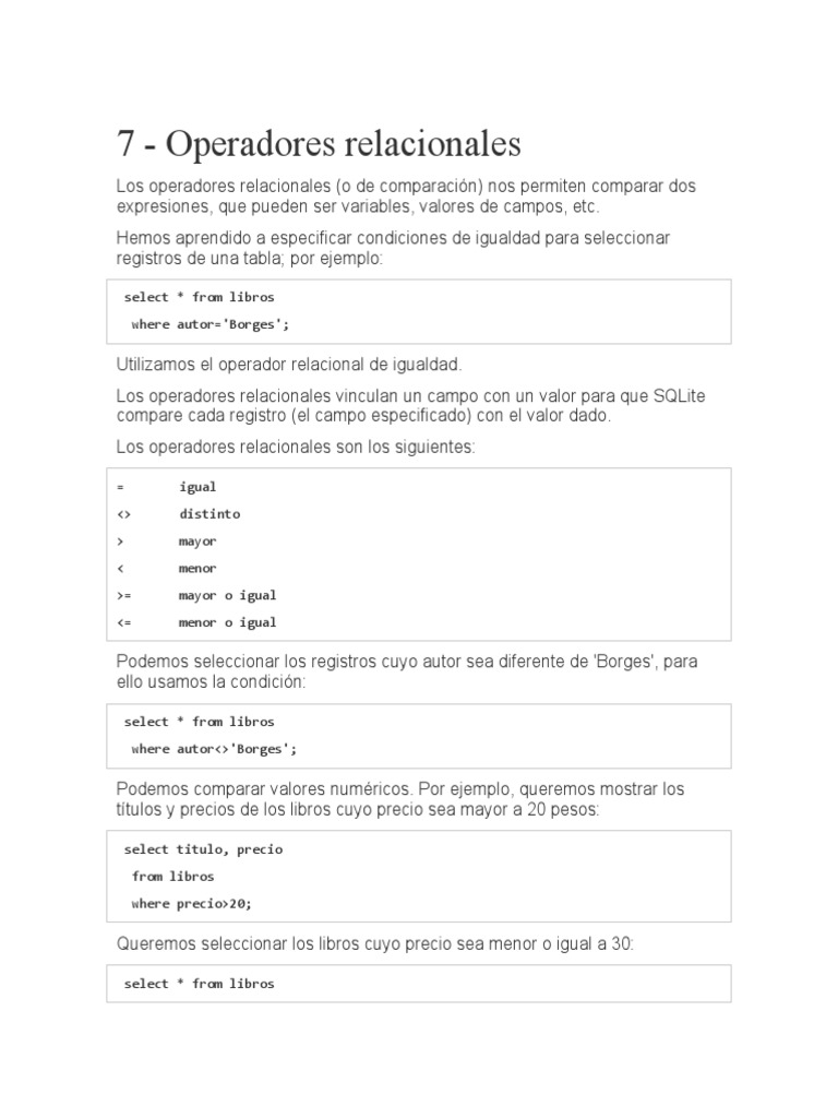 7 - Operadores Relacionales | PDF | SQL | Informática