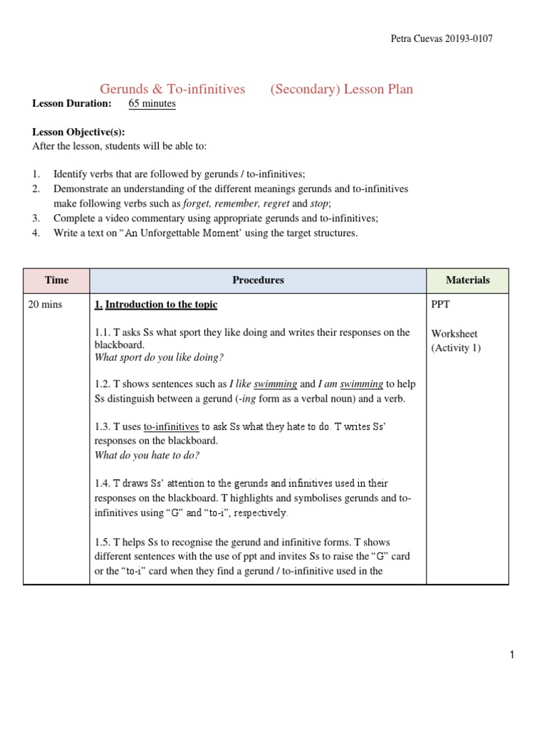 Gerunds-Infinitives-Junior-Secondary-Lesson-Plan-Petra | PDF