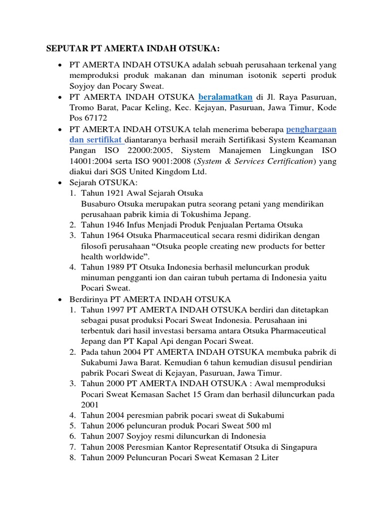 Seputar PT Amerta Indah Otsuka | PDF
