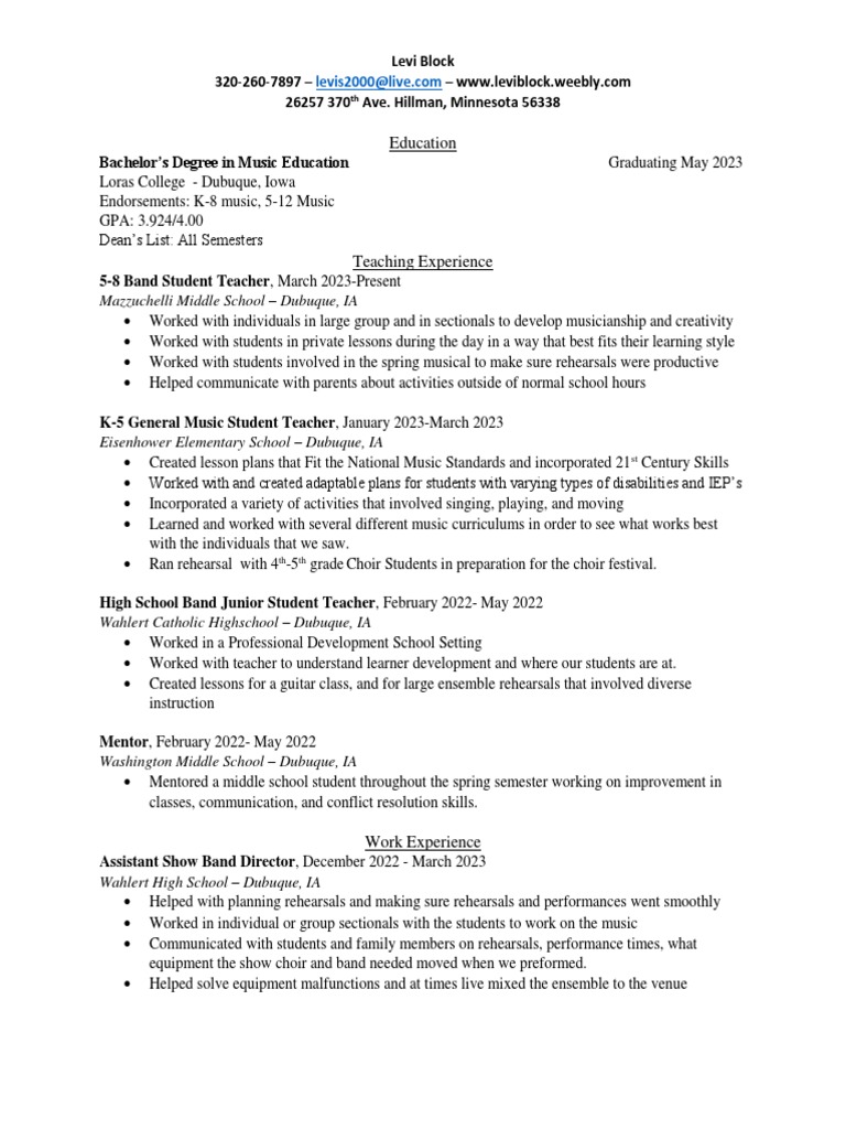 Levi Block Resume | PDF | Performing Arts