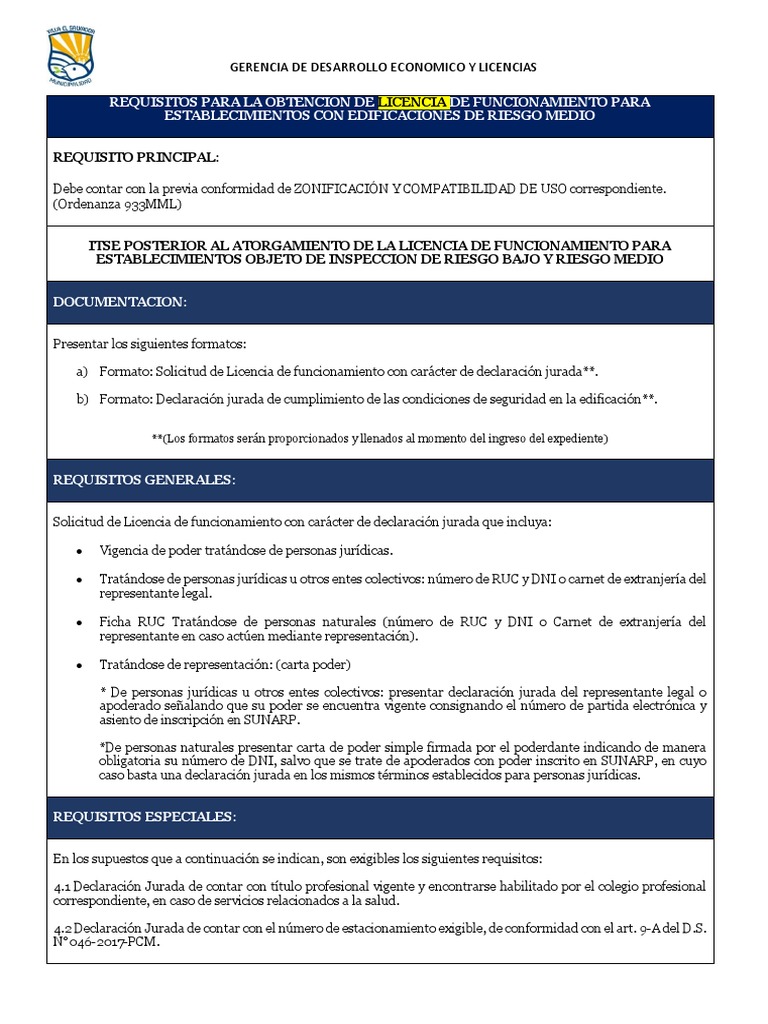Requisitos Licencia - Itse - Riesgo - Medio | PDF