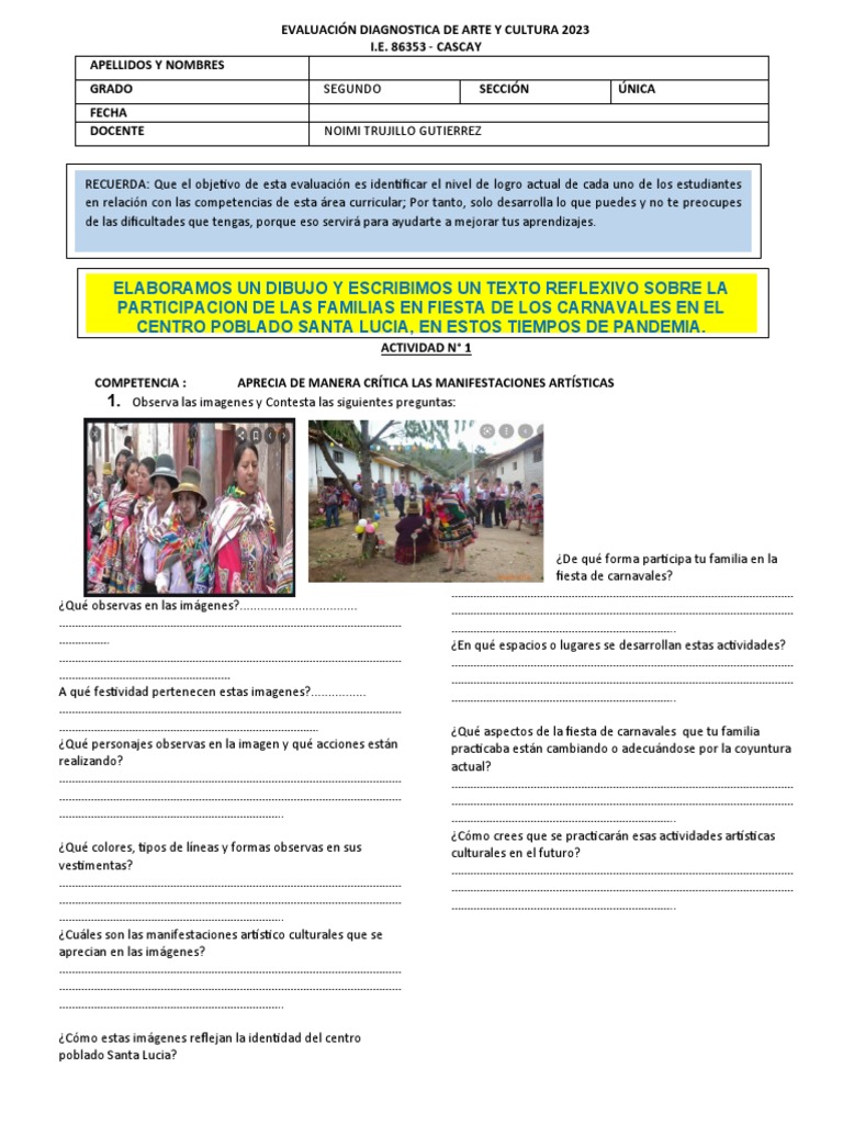 Evaluación Diagnostica De Arte Y Cultura 2023 5to Pdf Dibujo 0634