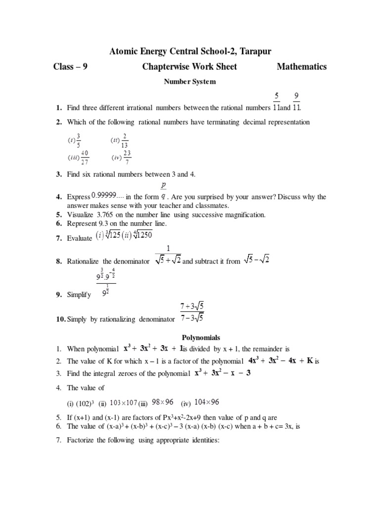 Chapterwise Work Sheet Class-9 Math | PDF | Circle | Triangle