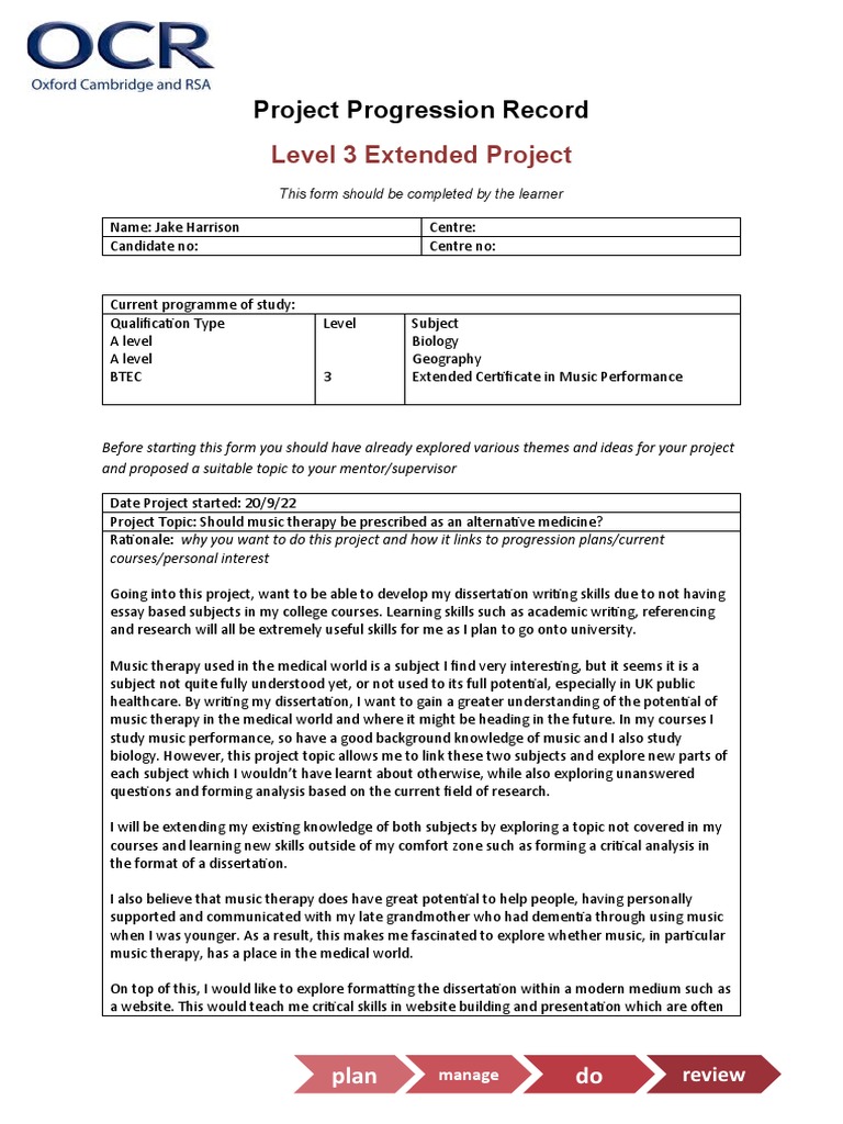 Project Progression Record | PDF | Thesis | Cognition