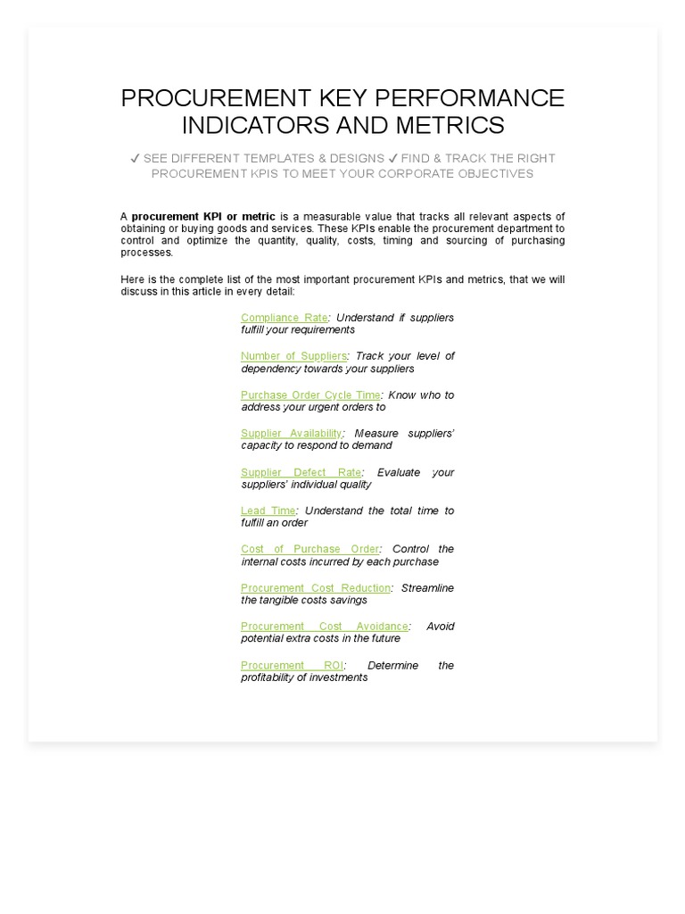 Procurement Key Performance Indicators and Metrics | PDF | Performance ...