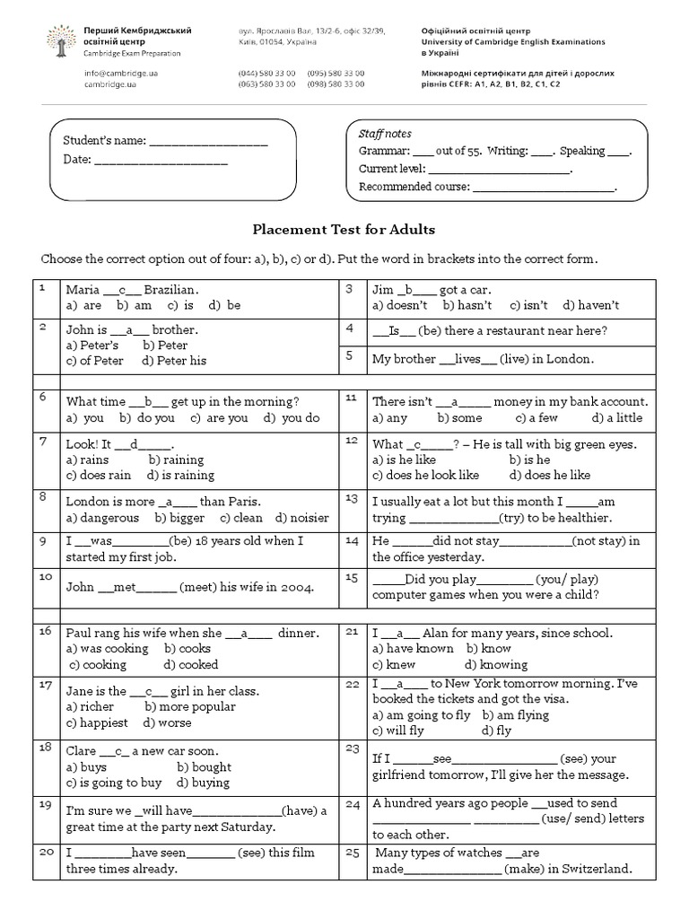 Adult Placement Test: Recommended Course Level and Placement Results | PDF