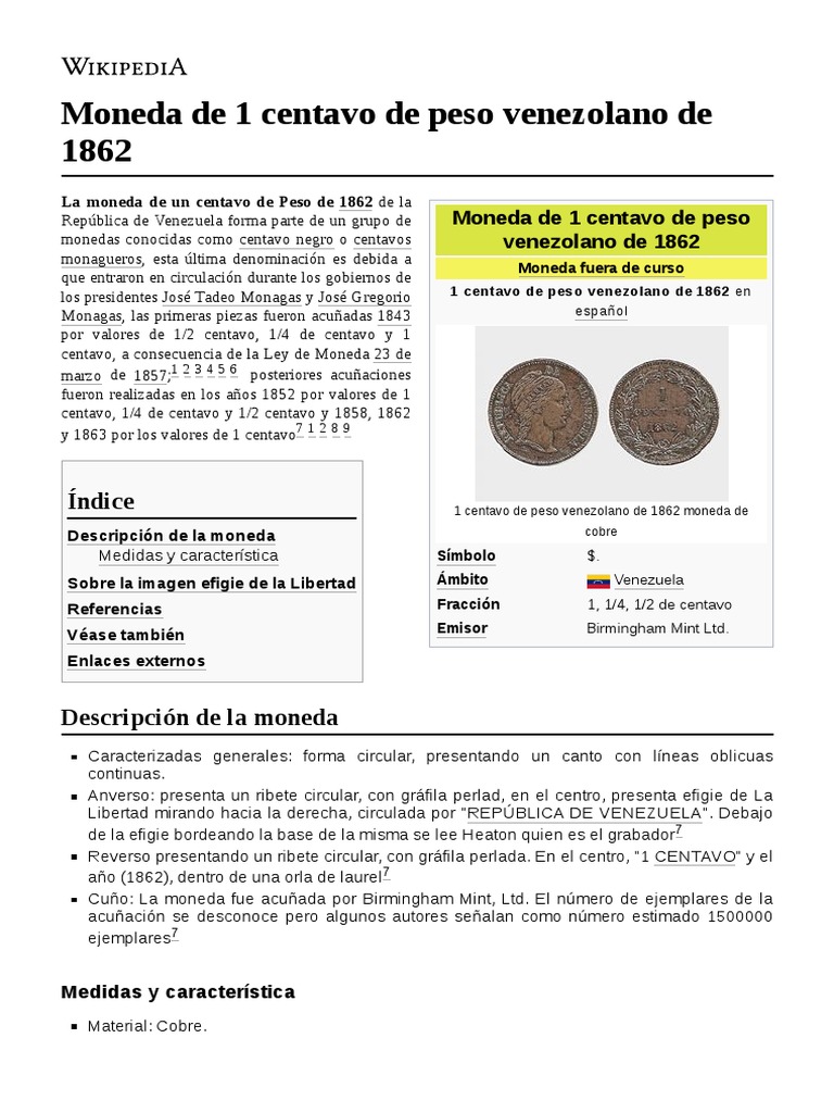 Moneda de 1 Centavo de Peso Venezolano de 1862 | PDF | Monedas | Venezuela