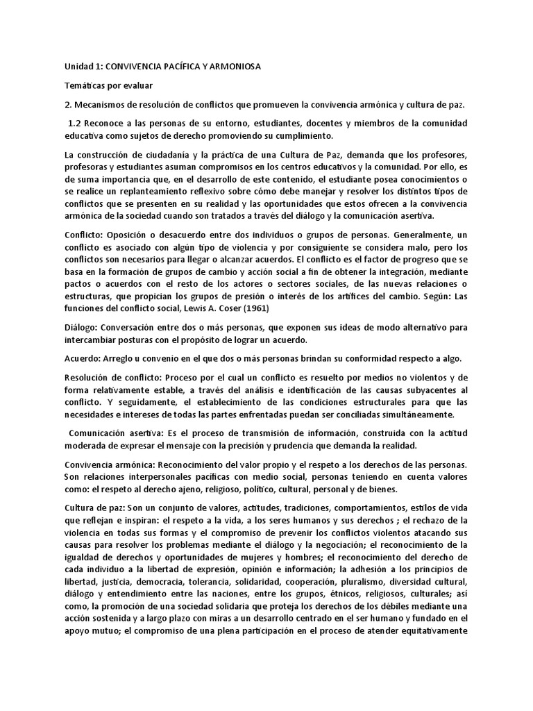 Mecanismos para la resolución pacífica de conflictos y la promoción de la convivencia armónica ...