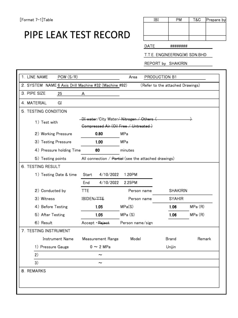 Pressure Test Report (Air&Water) - 32 PCW Water | PDF | Leak | Gas ...