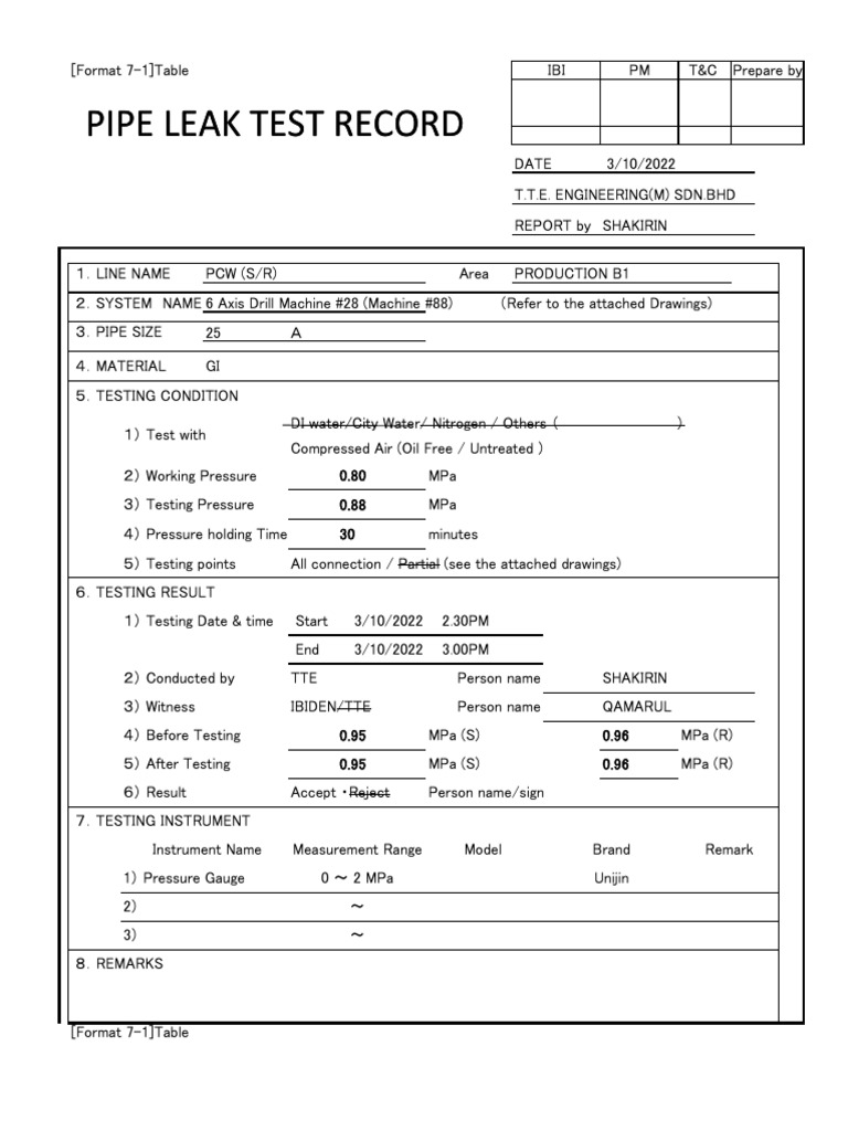Pressure Test Report (Air&Water) - 28 PCW Air | PDF | Civil Engineering ...