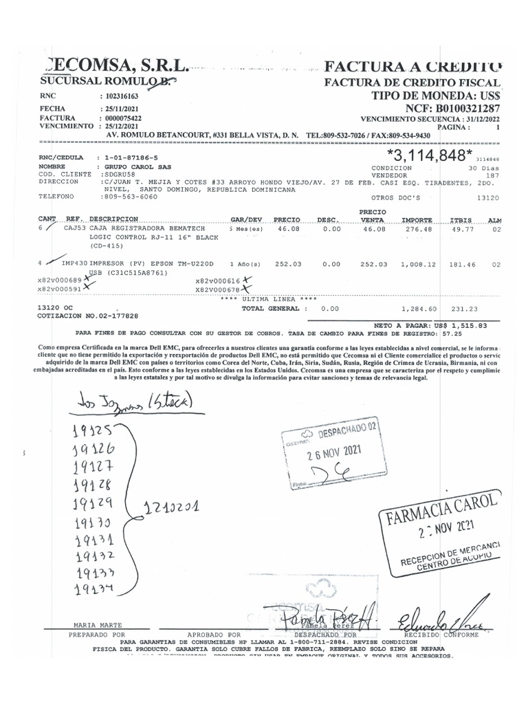 6 Caja Reg, 4 Impresora PV - Cod 19125 Al 19134 - Oc1320 Los Jazmines | PDF