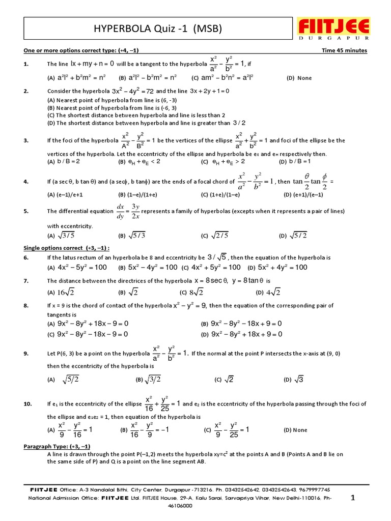 Hyperbola Quiz - 1 | PDF | Ellipse | Analytic Geometry