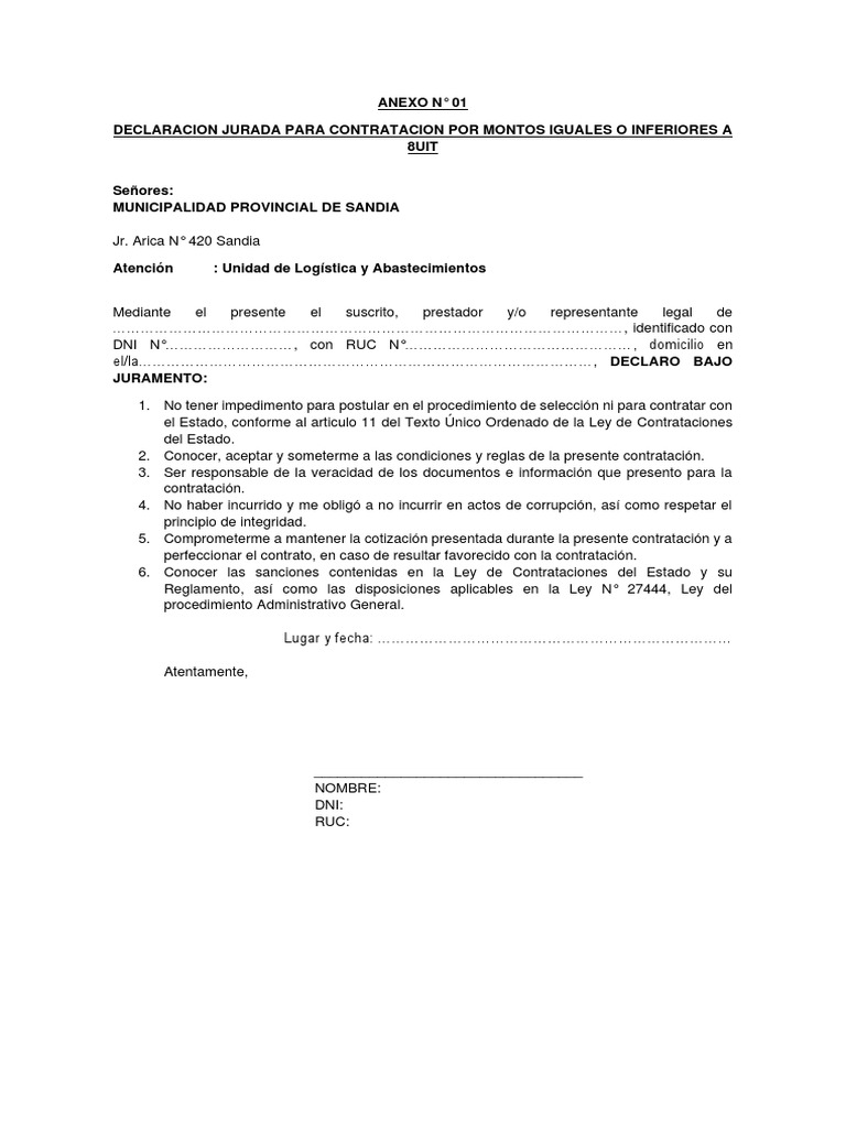 Anexo 1 Declaracion Jurada | PDF