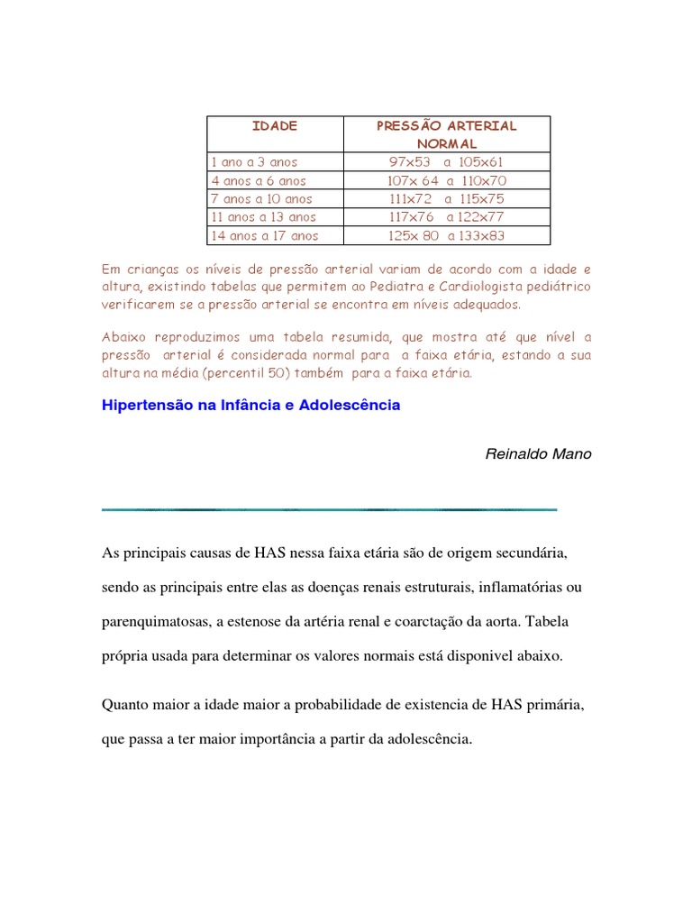 Valores da pressão arterial normal em crianças e adolescentes | PDF ...