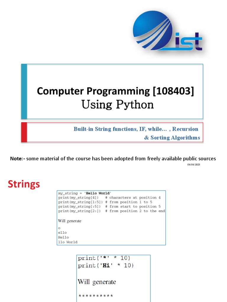 Presentation4 Strings In Detail If While Recursion And Sorting Algorithms Pdf Computer