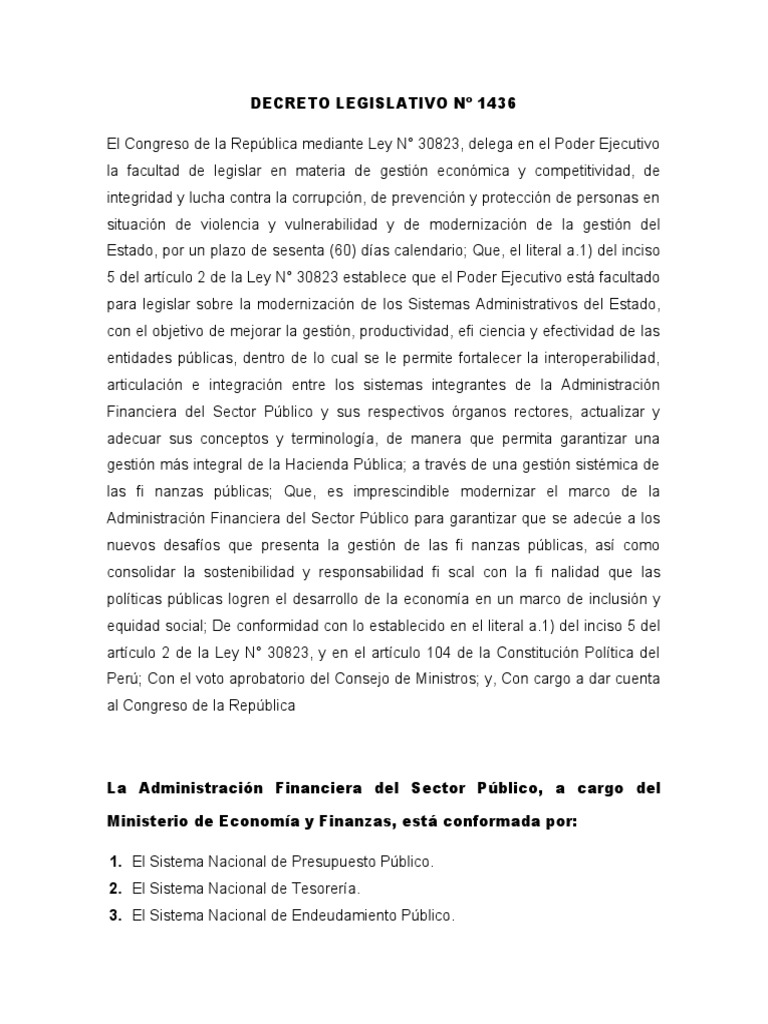 Decreto Legislativo N 1436 | PDF | Deuda | Presupuesto del gobierno