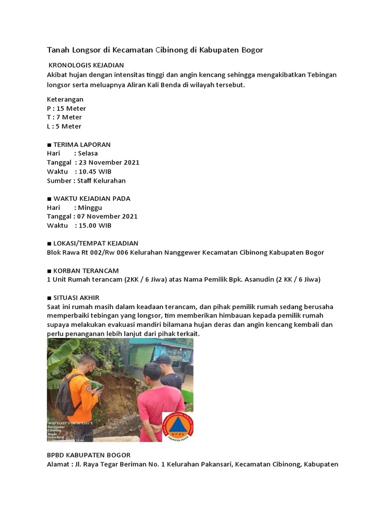 Tanah Longsor Di Kecamatan Cibinong Di Kabupaten Bogor | PDF