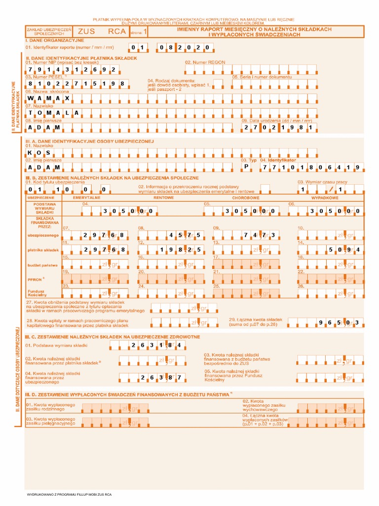 ZUS RCA Tomala Adam 81022715198 Kos Adam99100 | PDF