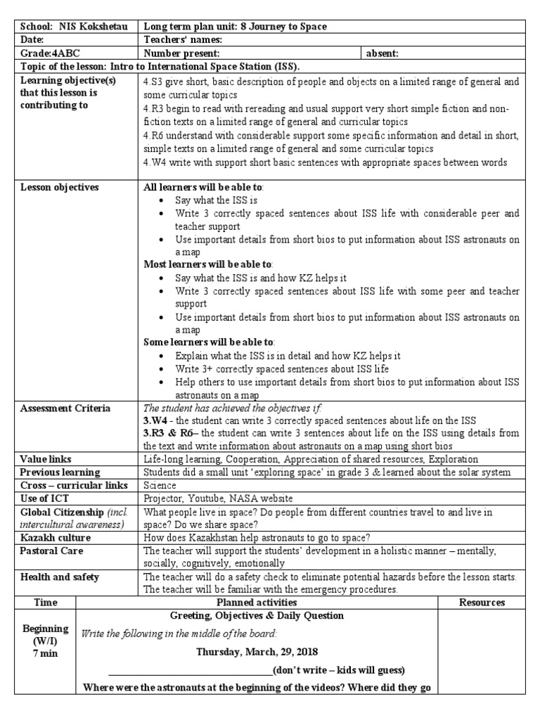 English Grade 4 Unit 7 Journey Into Space LP | PDF | International ...