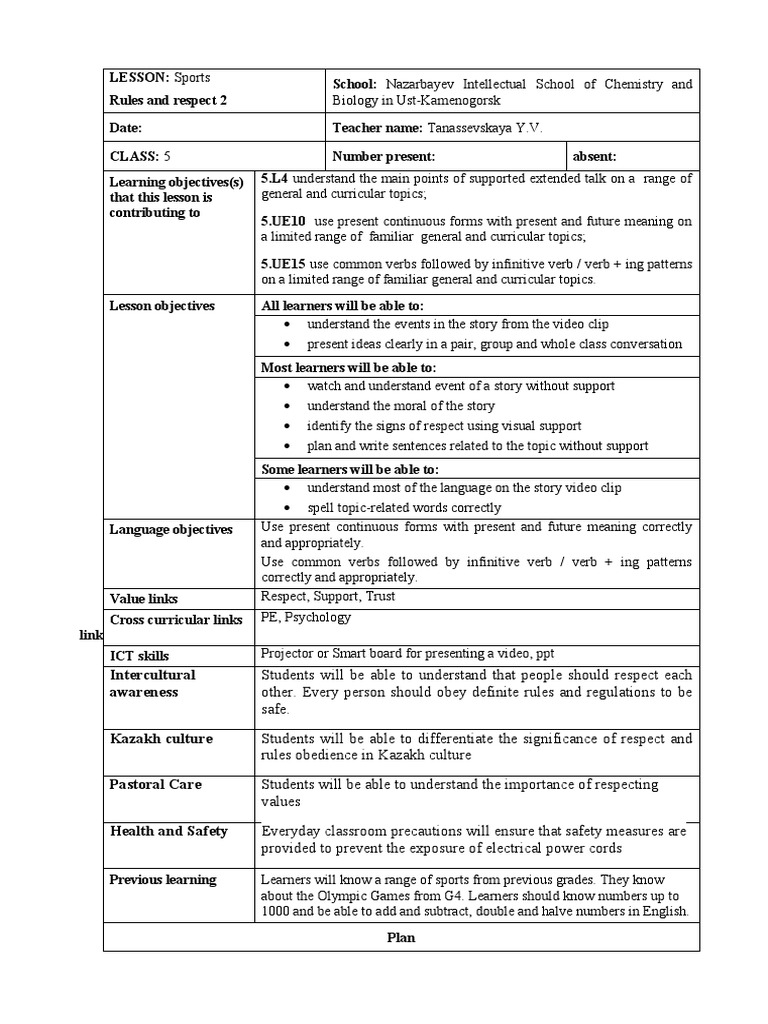 English - Grade5 - Unit 8sports - Rules and Respect - Lesson Plan 2 ...