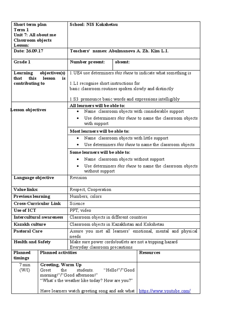 English Grade 1 Unit 2 My School Classroom Objects LESSON PLAN | PDF ...