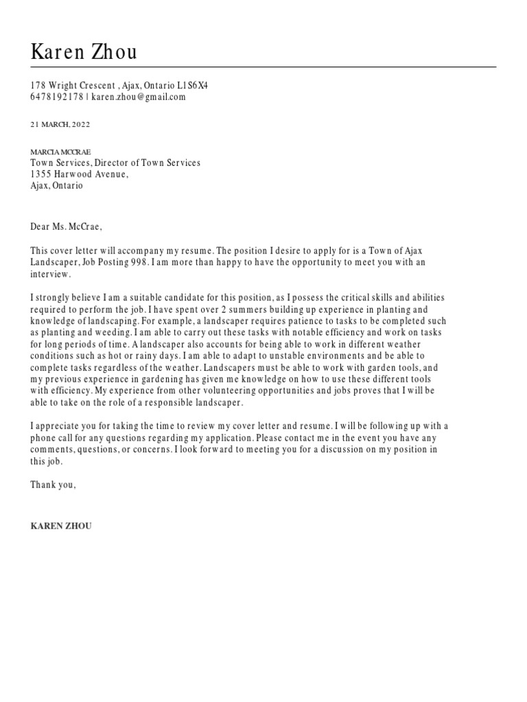 Karen Zhou Cover Letter - Letter To Ms. McCrae | PDF