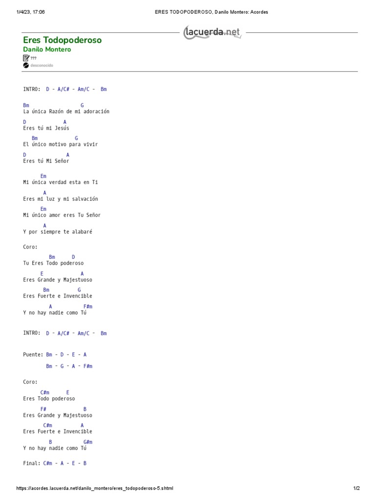 Acordes de la canción 'Eres Todopoderoso' de Danilo Montero | PDF