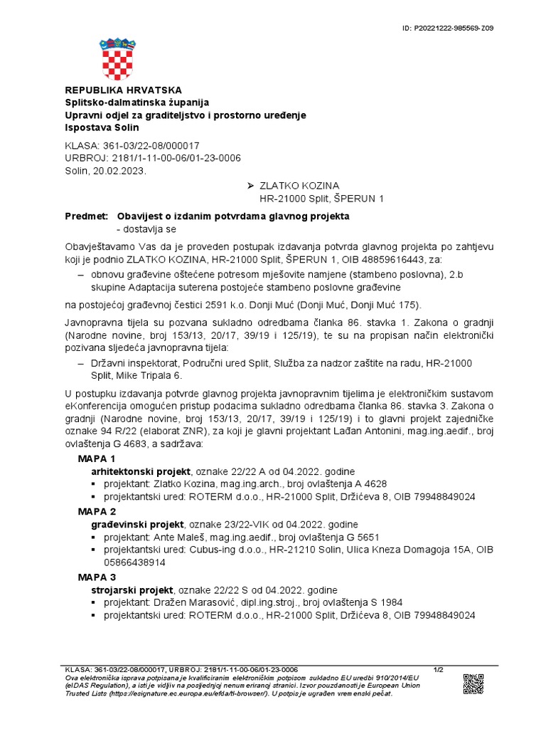 Obavijest o Izdanim Potvrdama Glavnog Projekta | PDF