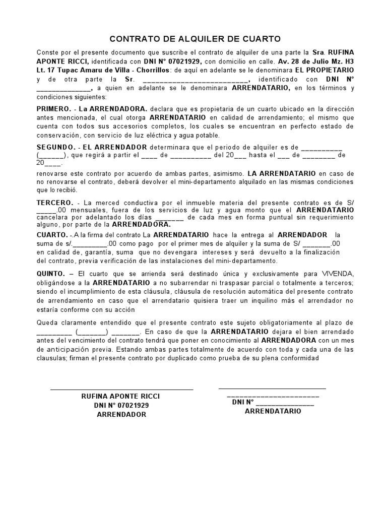 Contrato de Alquiler de Cuarto para Llenar | PDF | Derecho privado | Consentimiento
