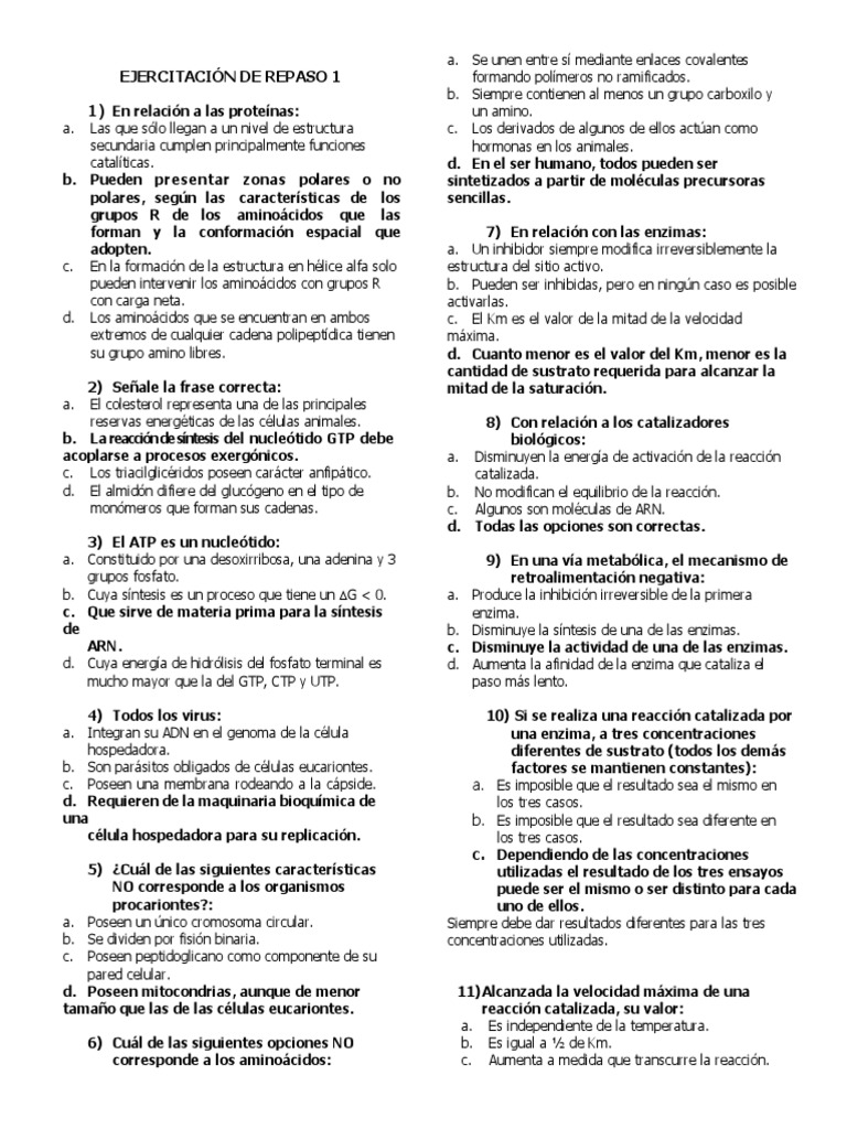 Ejercitación de Repaso 1 Respuestas | PDF | Enzima | La cinética de enzimas